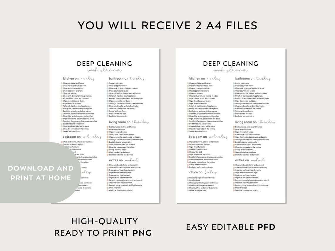 Deep Cleaning Checklist, Decluttering Planner, Minimalist Weekly ...