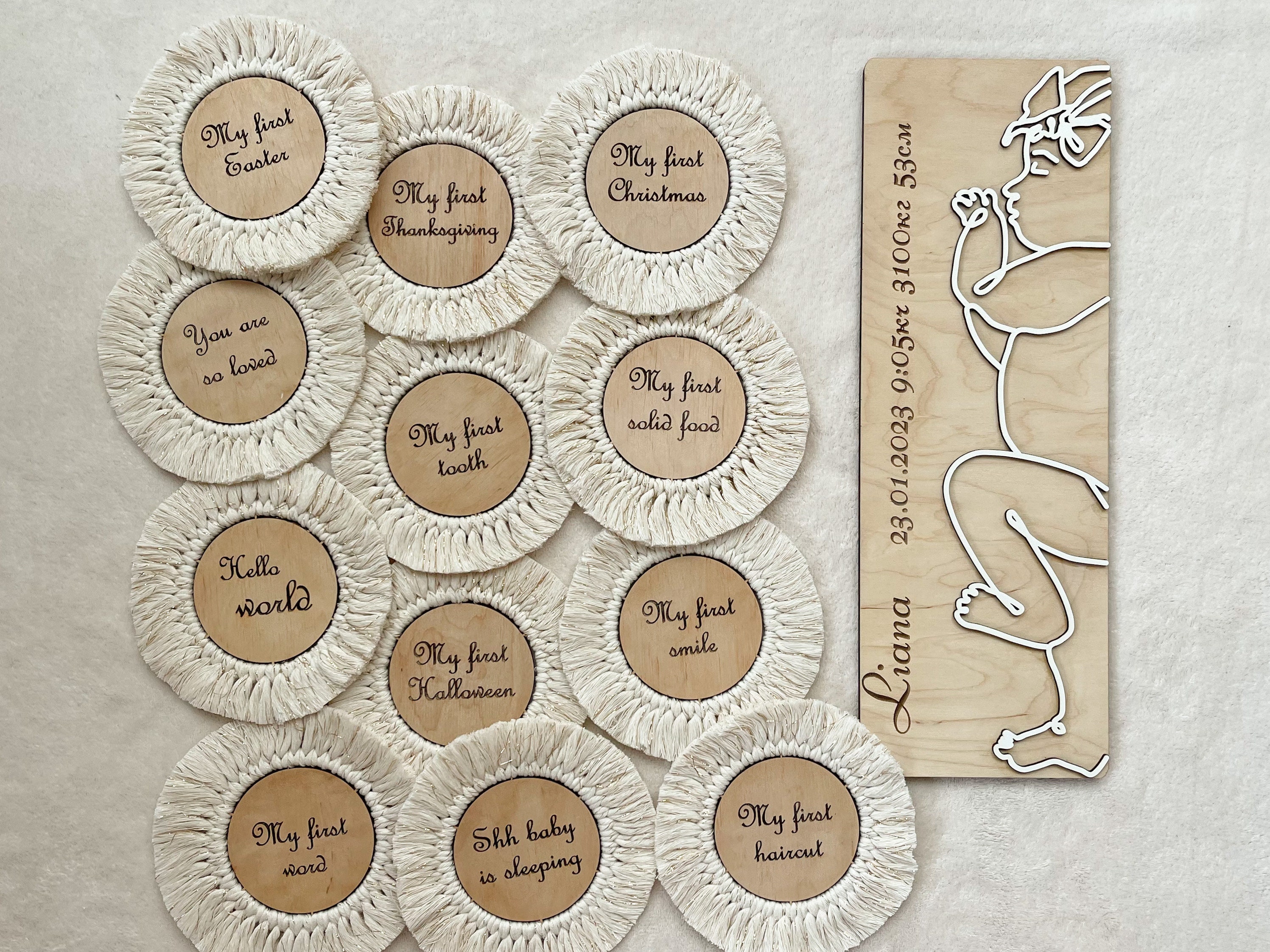 Hello World Macrame Baby Milestone Cards Discs Wooden - Etsy