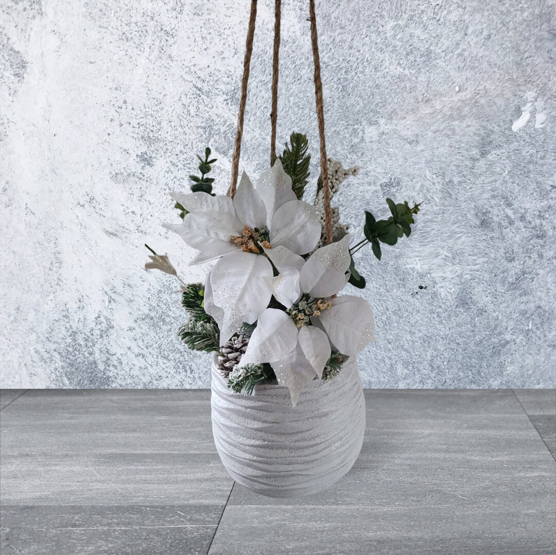 Handmade Christmas Hanging Basket With White Poinsettias and Greenery ...