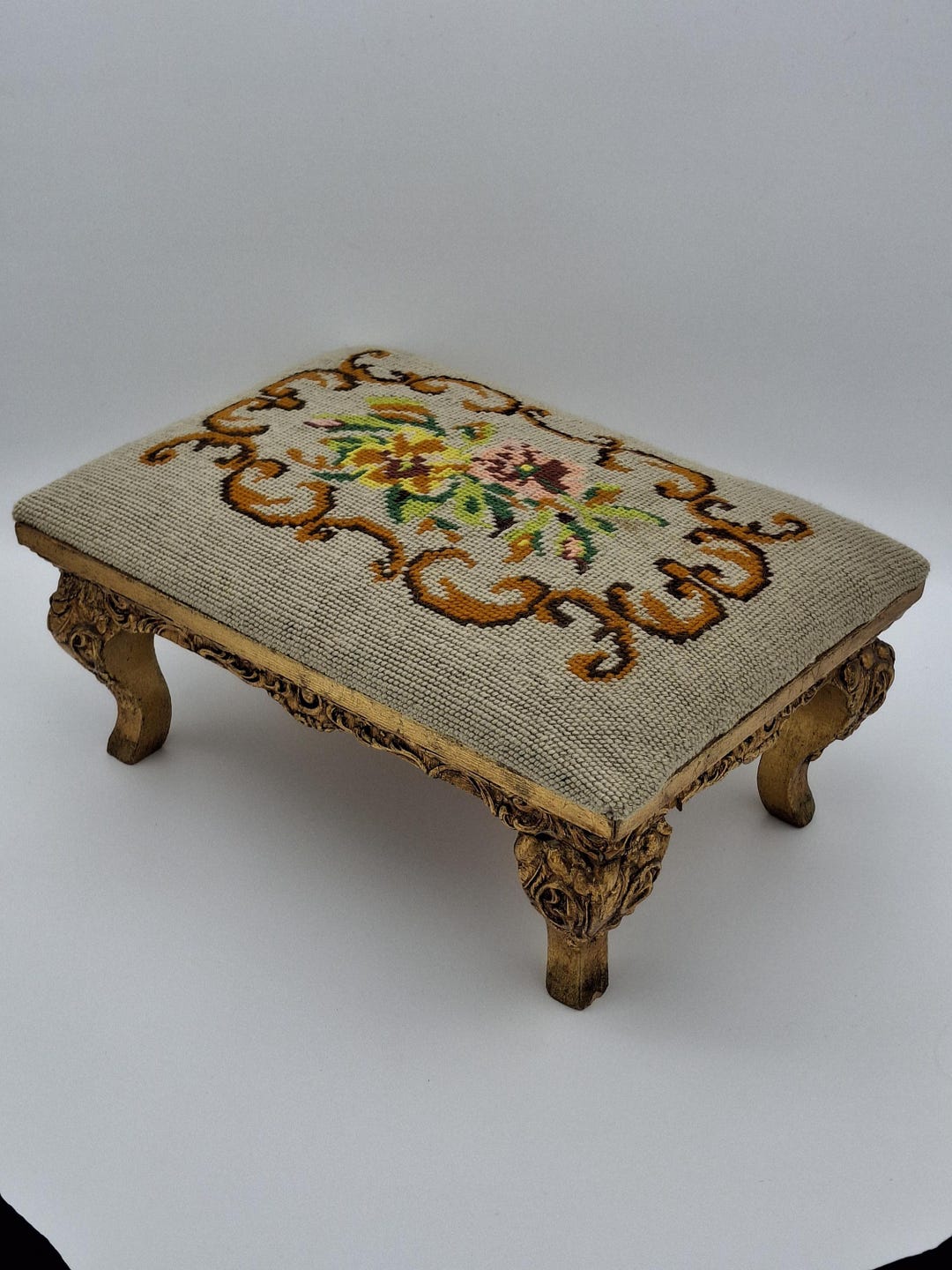 Petit Point Foot Rest Gilt Foot Stool Vintage Sweden - Etsy