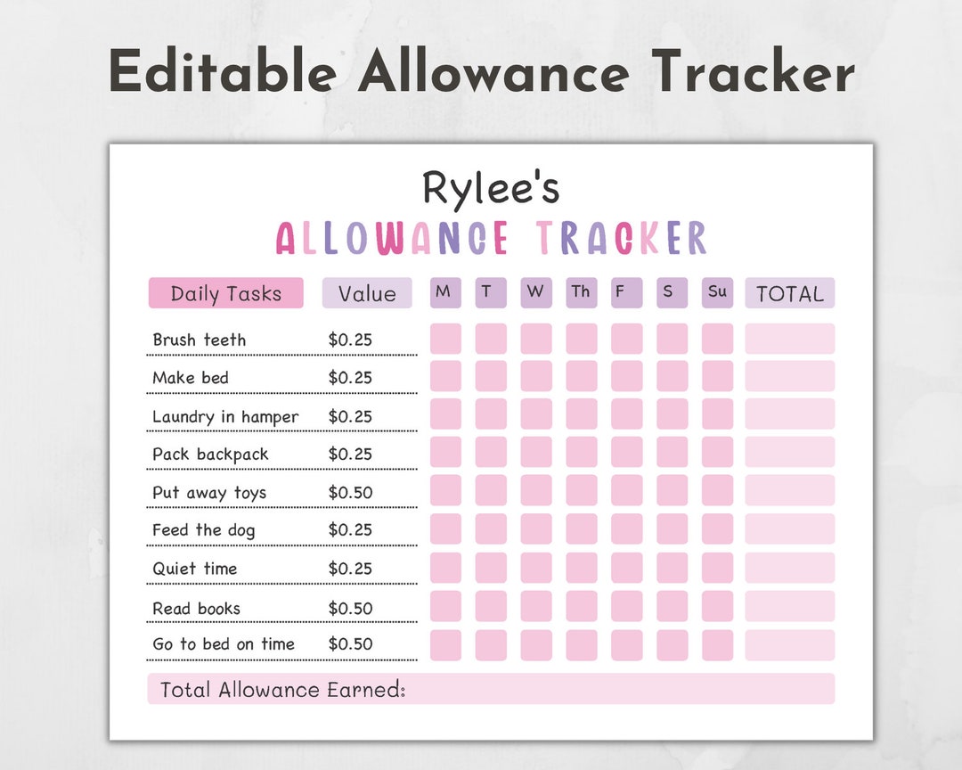 Printable Weekly Allowance Chart, Editable Chore Charts, Kids Chore ...