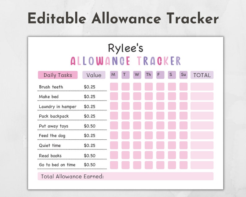 Printable Kids Chore Chart: Editable Weekly Allowance Tracker (PDF) - Etsy