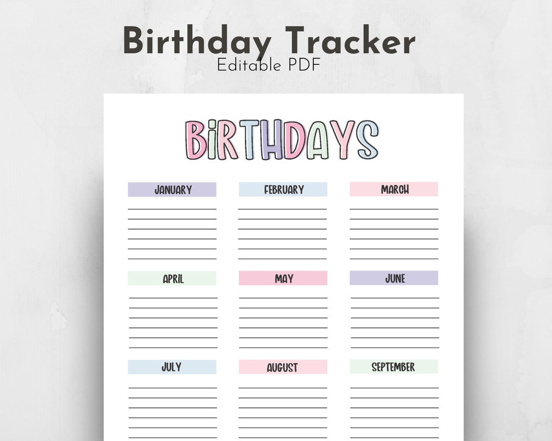 Editable Birthday Tracker: Printable Yearly Chart (PDF) - Etsy