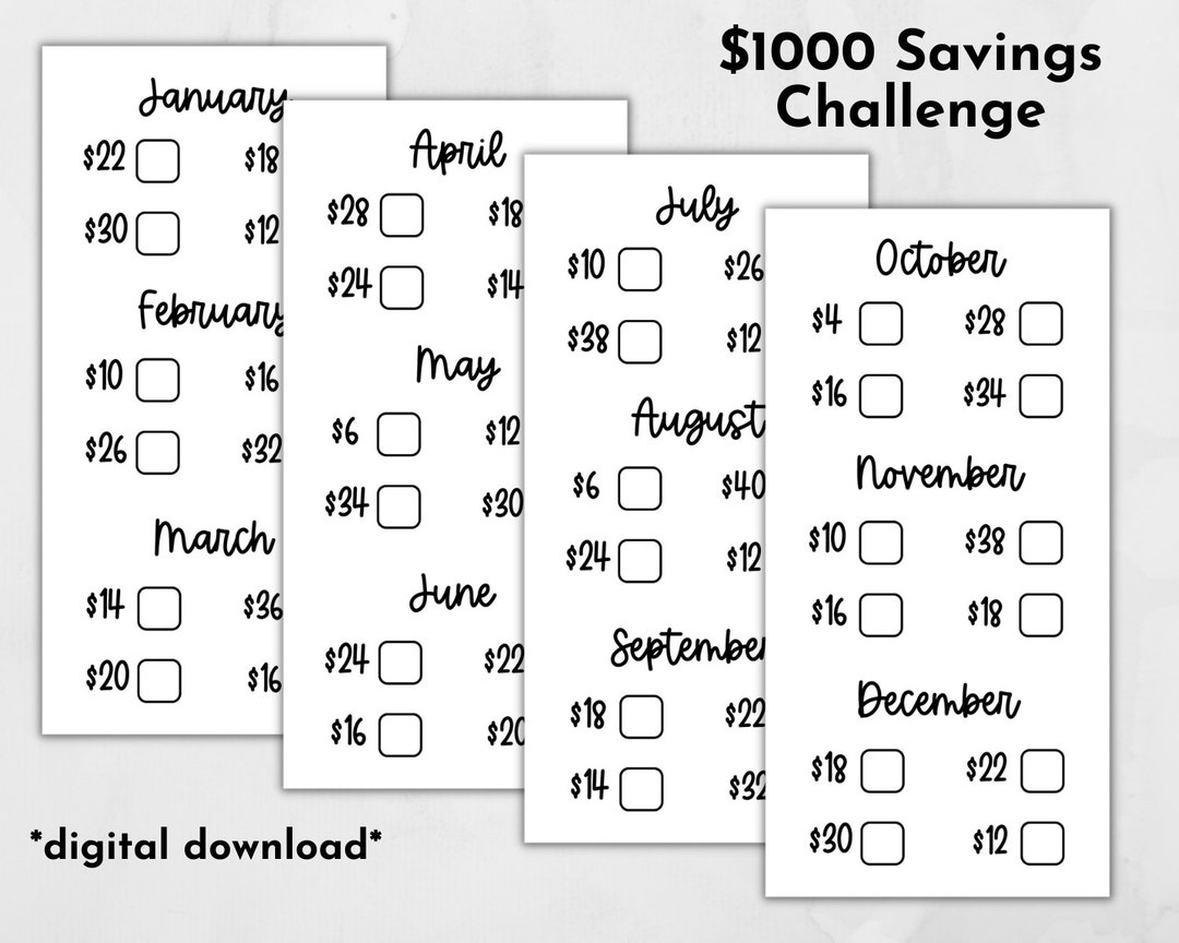 Printable 1000 Dollar Monthly Savings Challenge, Digital Download, PDF ...