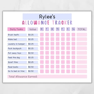 Printable Weekly Allowance Chart, Editable Chore Charts, Kids Chore ...