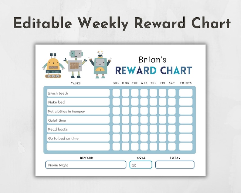 Editable Kids Reward Chart: Weekly Chore Tracker (PDF) - Etsy