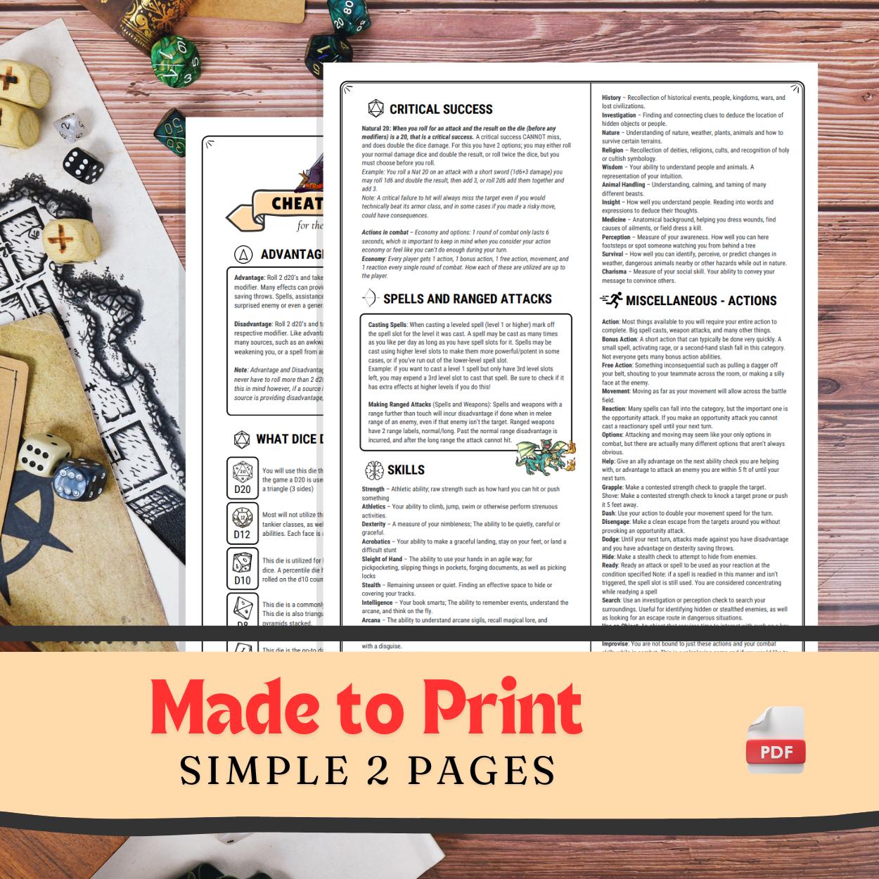 Dnd 5e New Players Cheat Sheet : Beginners Guide PDF - Etsy