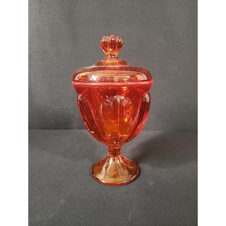 Viking Epic Six Petal Candy Dish W/ Lid Persimmon Amberina UV Glow ...