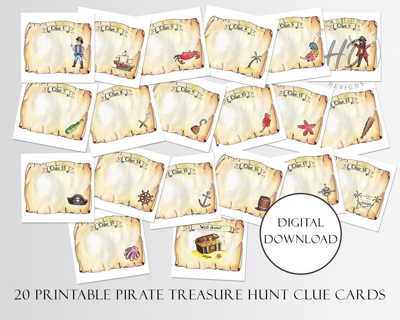 Pirate Treasure Hunt Clues: 20 Printable Cards for Kids (digital ...