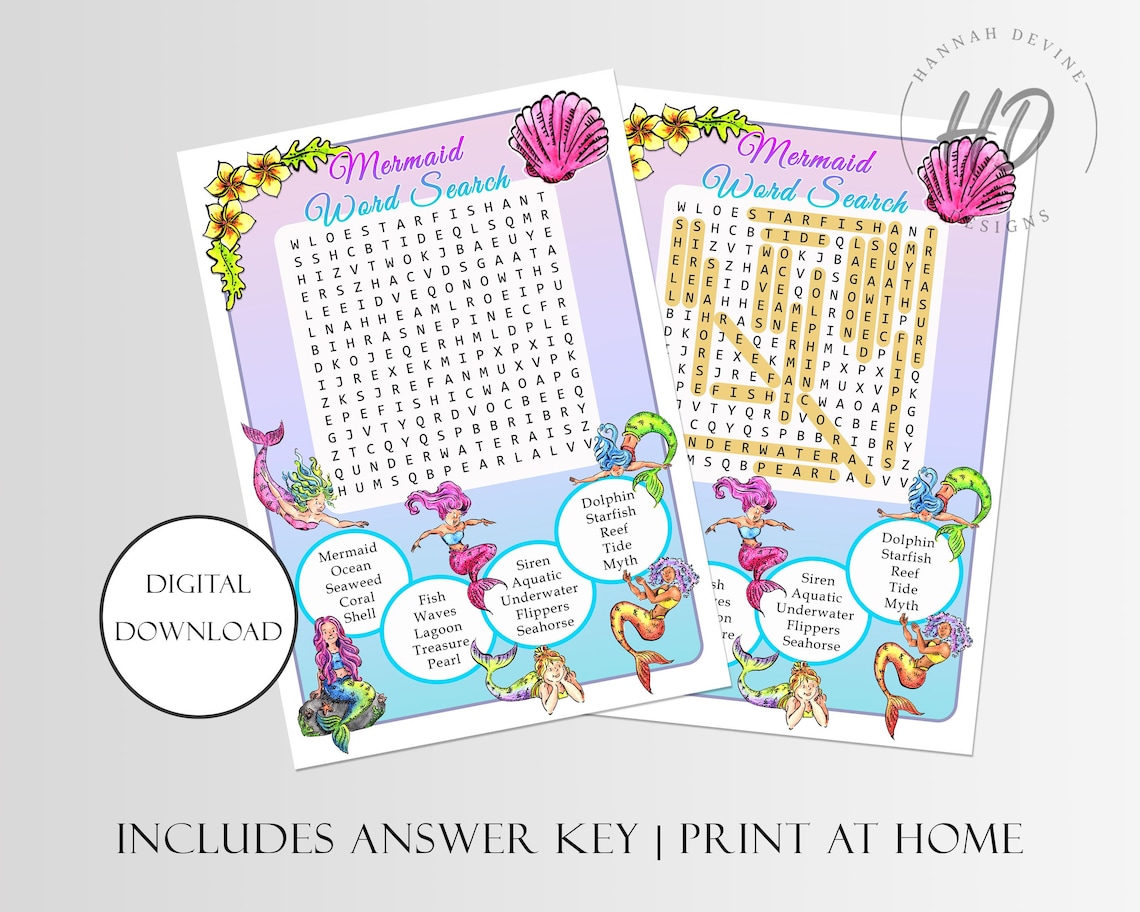 Mermaid Word Search Printable | Kids Activity Sheet | Under the Sea ...