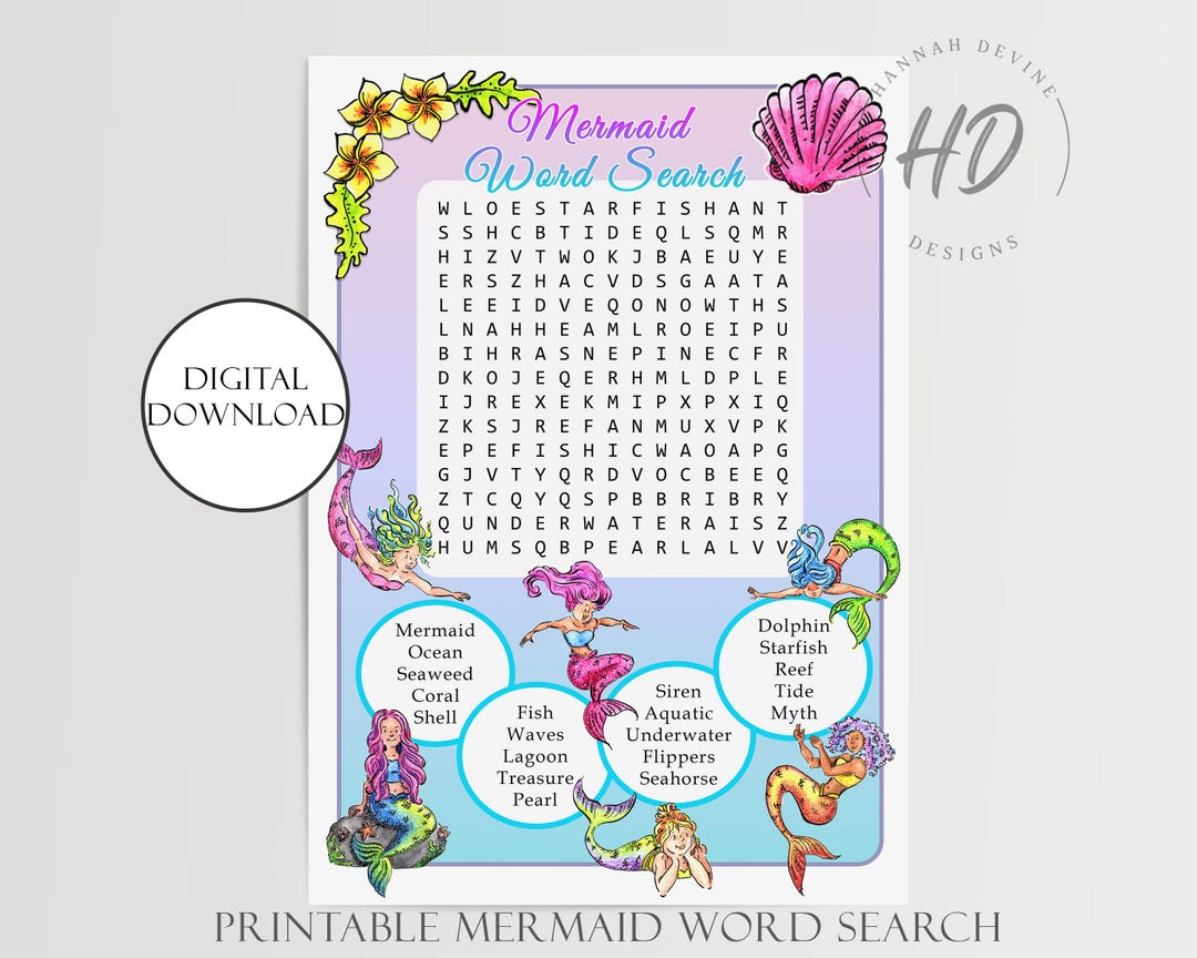 Mermaid Word Search Printable | Kids Activity Sheet | Under the Sea ...