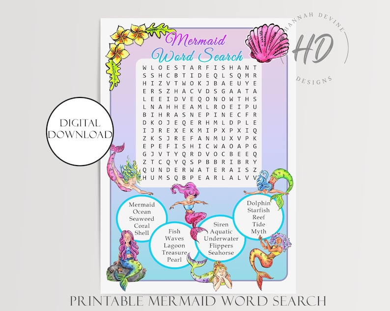Mermaid Word Search Printable | Kids Activity Sheet | Under the Sea ...