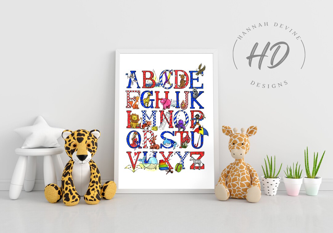 Alphabet Nursery Wall Art, Boys Room Art, Illustrated Alphabet Poster ...