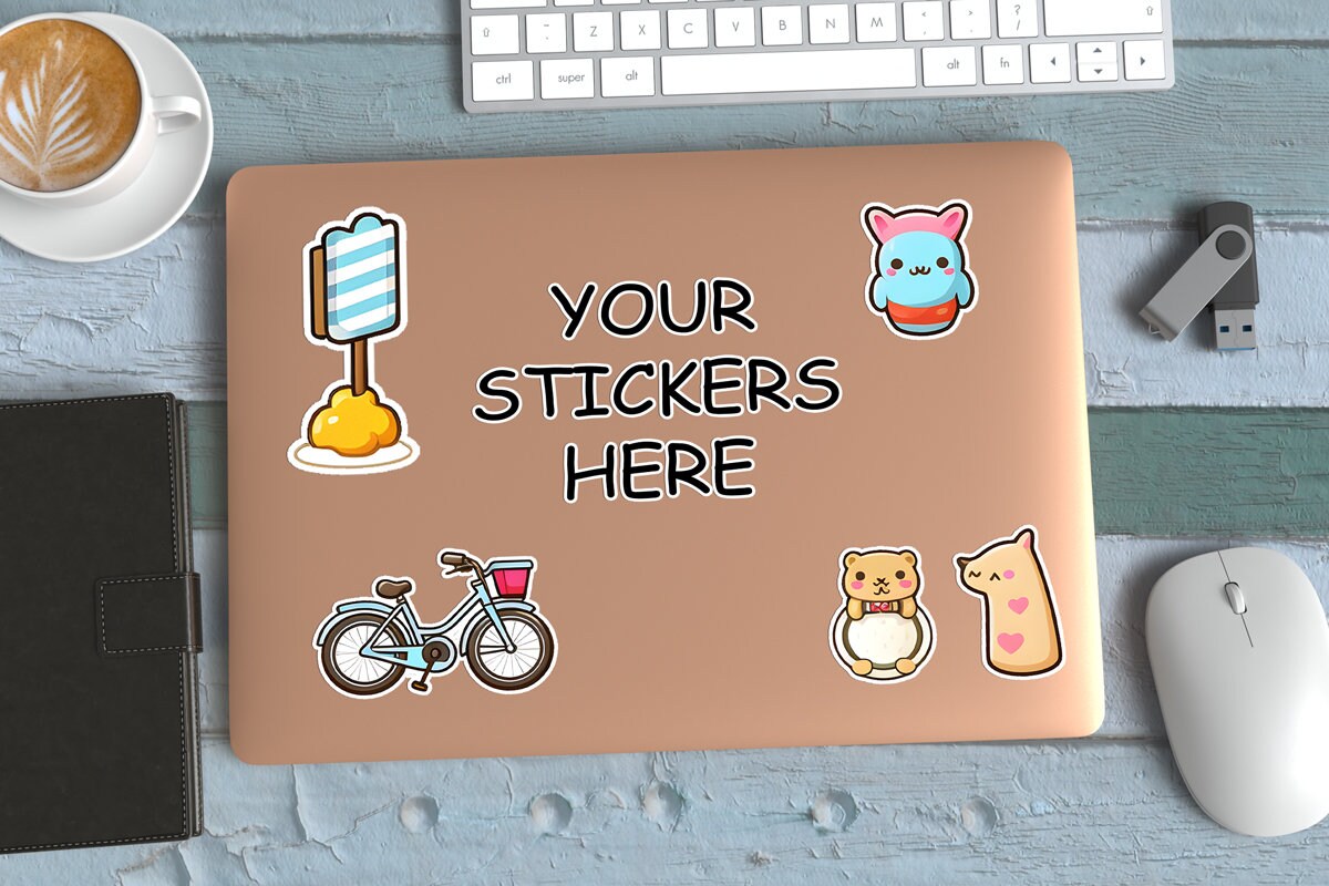 Laptop Stickers Mockup With Desk Elements Psd and Jpg, Laptop Stickers ...
