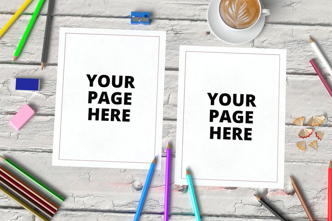 Coloring Pages Mockup With Pencil Set and Cup of Coffee, Kdp Coloring ...