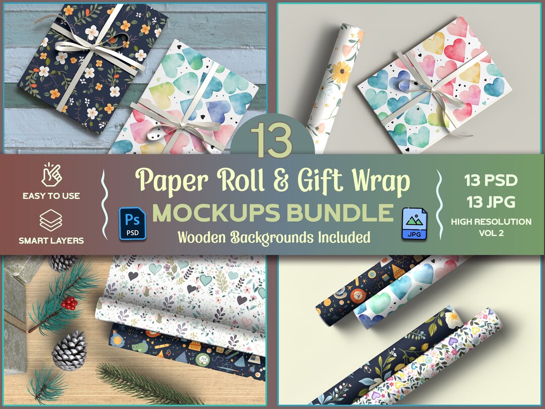 Paper Roll & Gift Wrap Mockup Bundle, Elegant Gift Wraps Mockup Bundle ...