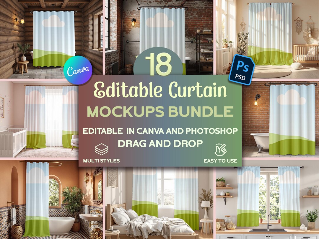 Editable Curtain Mockup Bundle, Canva Curtain Mockup Bundle for Textile ...