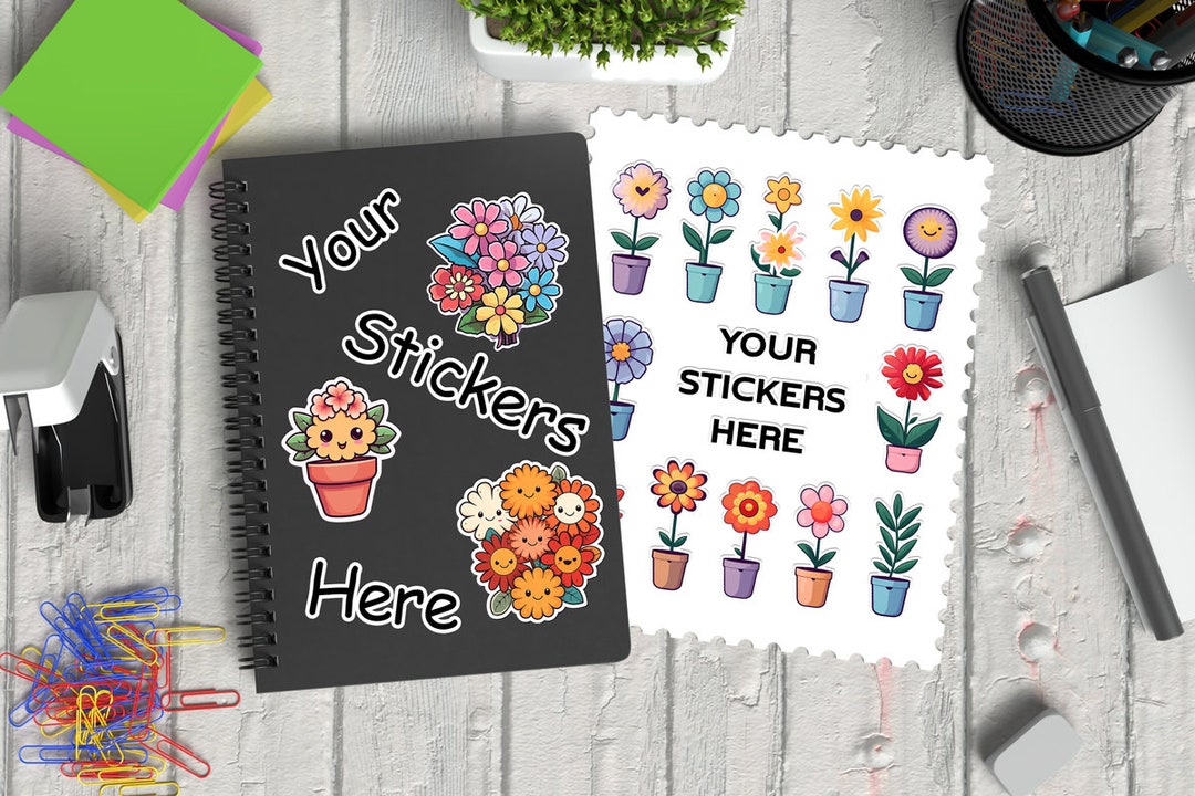 Sticker Sheet and Notebook Mockup With Desk Elements, Sticker Sheet ...