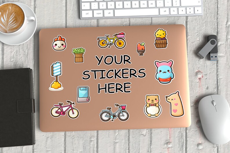 Laptop Stickers Mockup With Desk Elements Psd and Jpg, Laptop Stickers ...