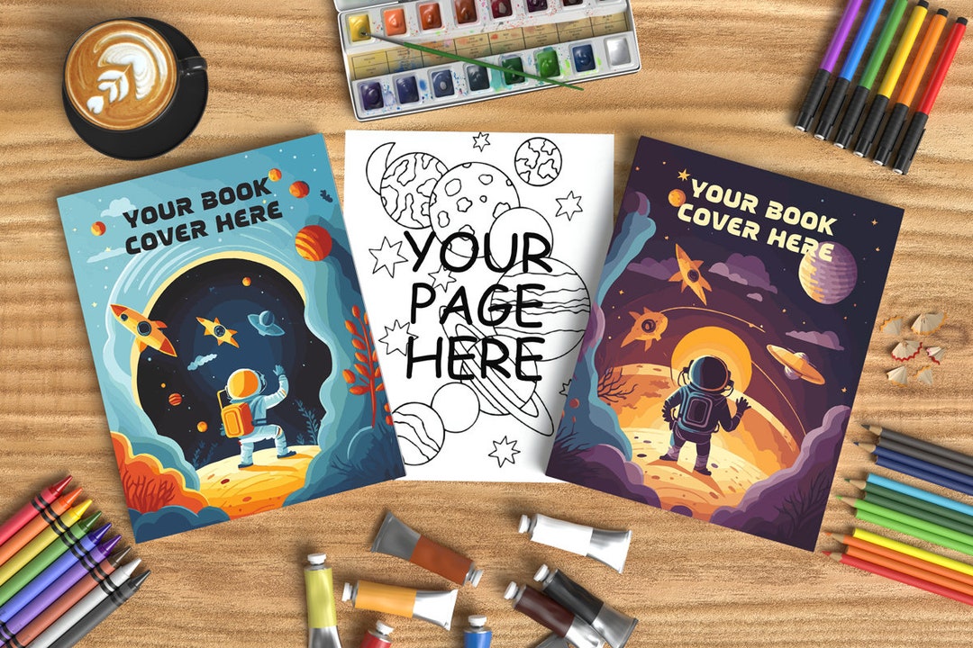 8.5 X 11 Book Cover and Page Mockup, Coloring Book on a Wood Background ...