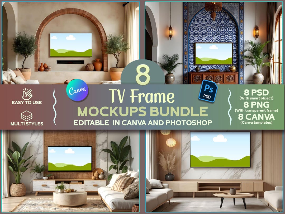 TV Frame Mockups Bundle, Digital TV Frame Mockups, Tv Wall Decor Mockup ...