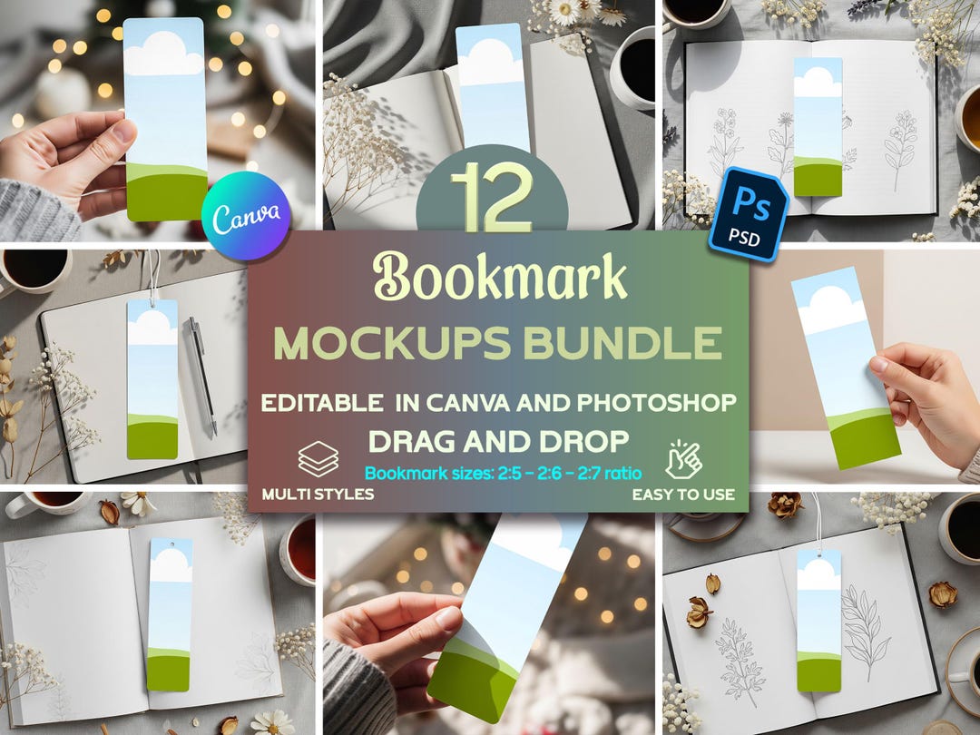 Bookmark Mockup Bundle, Reading Marker Psd & Canva Templates, Book ...