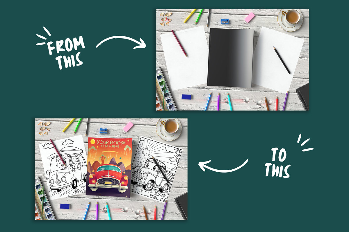Coloring Book Cover and Pages Listing Mockup, Open and Closed Coloring ...