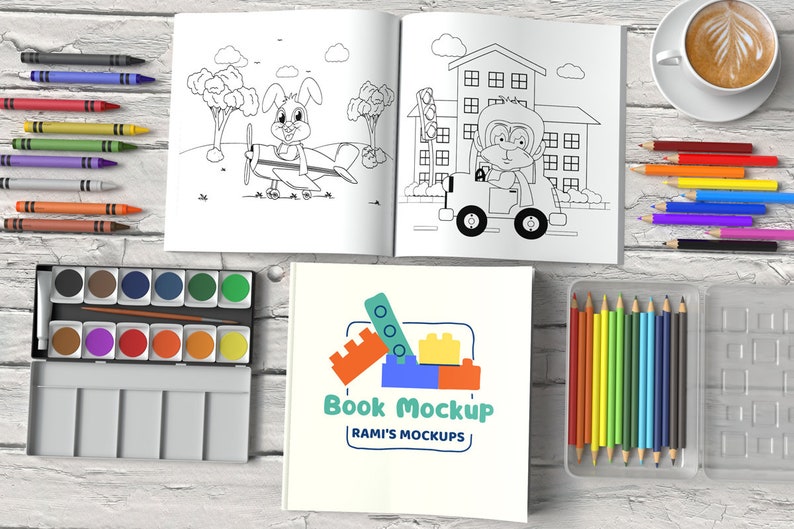 Square Coloring Book Cover and Pages Mockup, Open and Closed Coloring ...