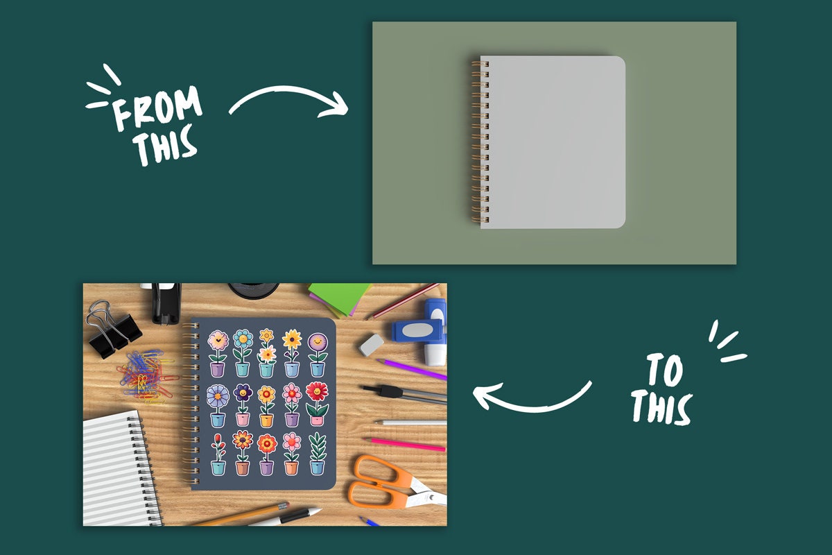 Stickers Mockup Display of Spiral Book, Sticker Presentation Mockup ...