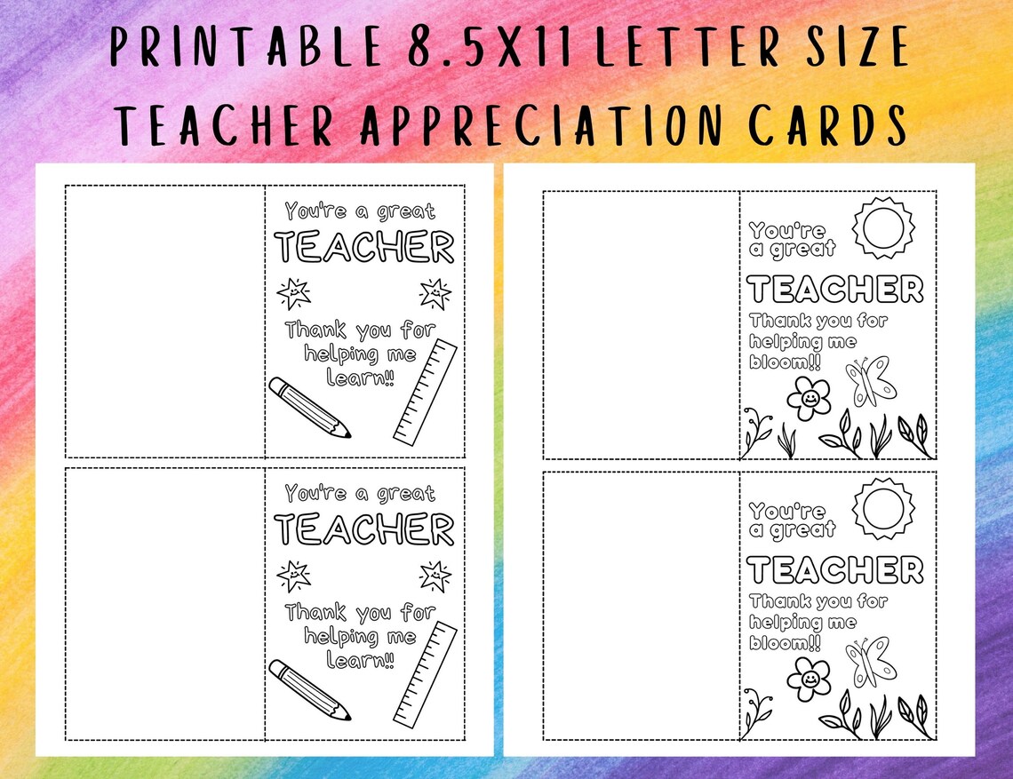 PRINTABLE TEACHER APPRECIATION Cards Letter Size Pdf Easy | Etsy
