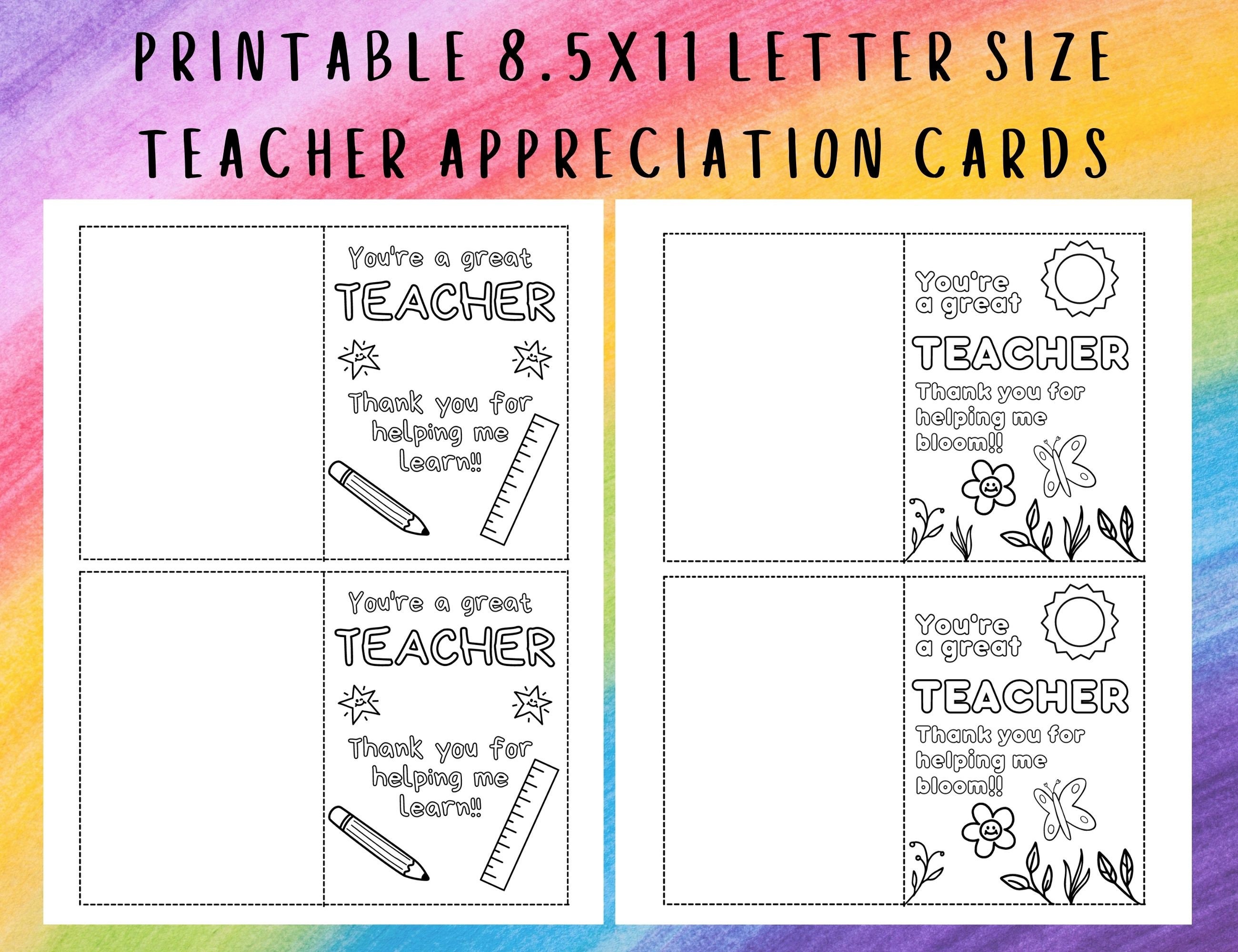 PRINTABLE TEACHER APPRECIATION Cards | Letter Size | Pdf Easy to Print ...