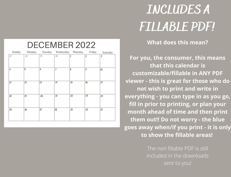 PRINTABLE and FILLABLE December 2022 Calendar Digital December 2022 ...