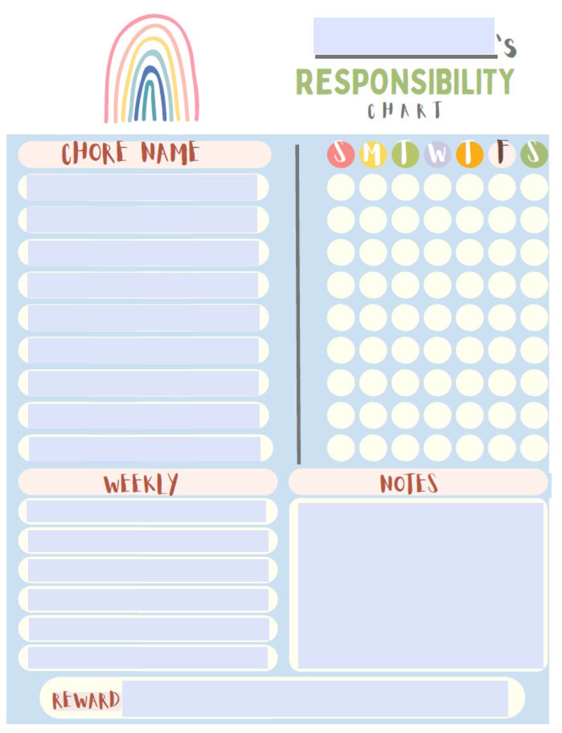 DIGITAL PRINTABLE FILLABLE Responsibility Chart | Chore Chart | Rainbow ...