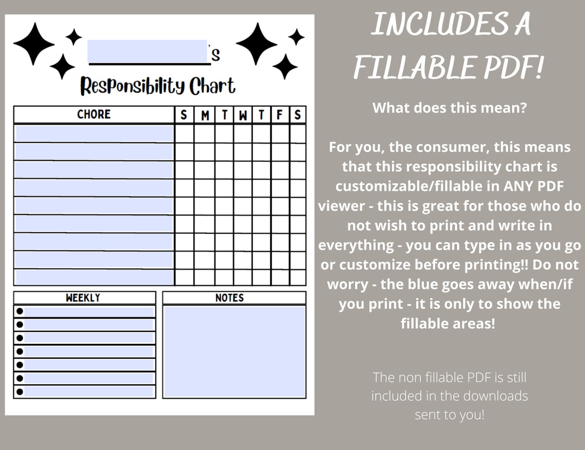 DIGITAL PRINTABLE FILLABLE Chore Chart | Responsibility Chart | Pdf ...
