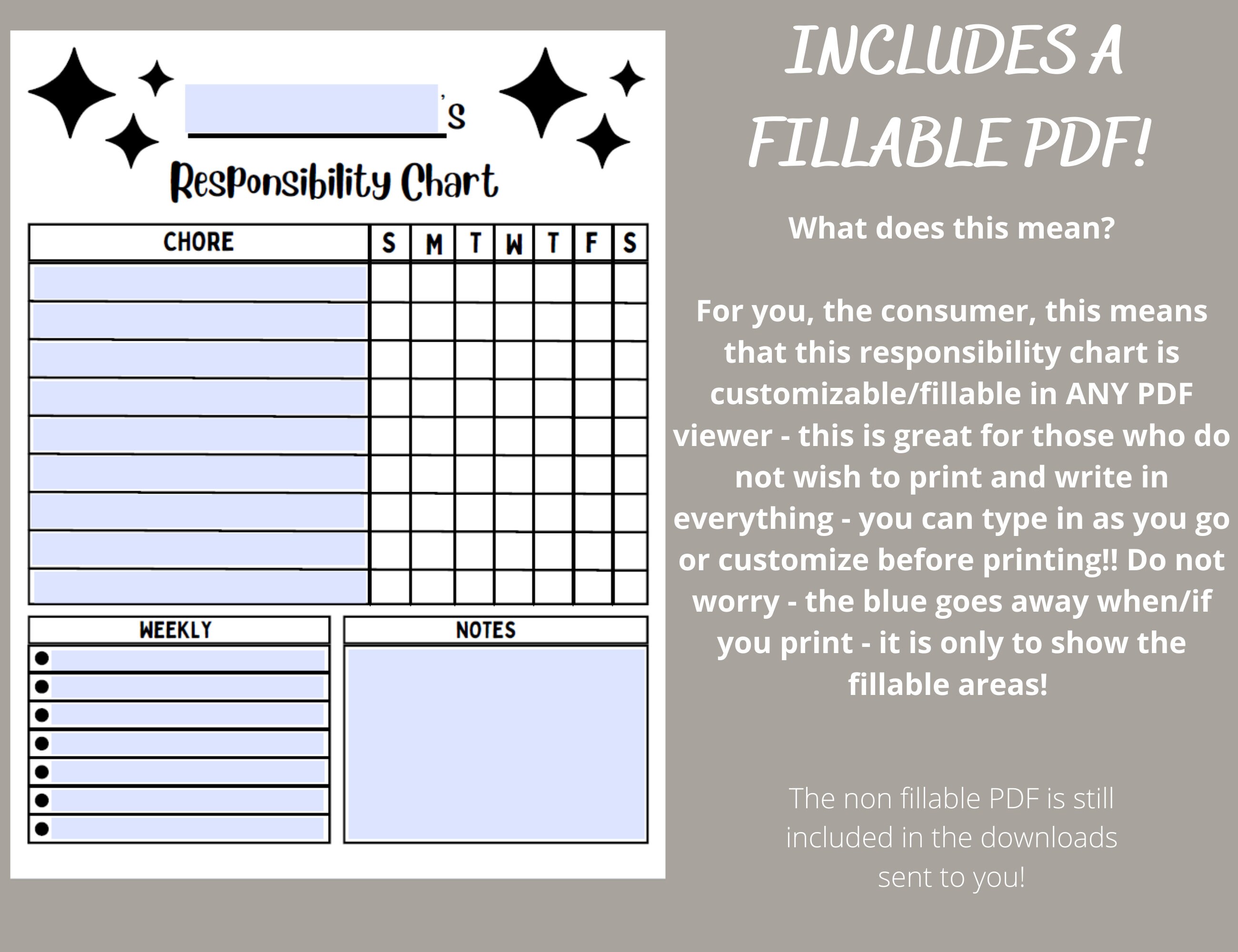 DIGITAL PRINTABLE FILLABLE Chore Chart | Responsibility Chart | Pdf ...