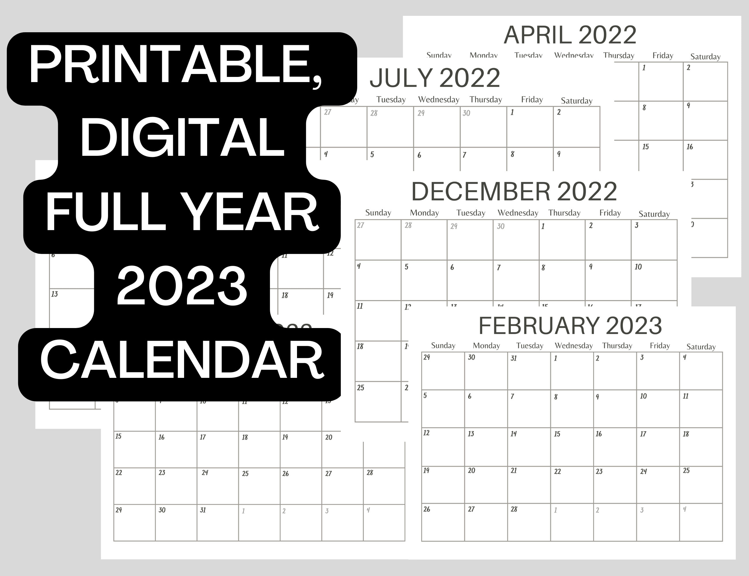 PRINTABLE FILLABLE DIGITAL 2023 Full Year Calendar Through December ...