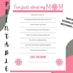 PRINTABLE All About My Mom - Instant Download Letter Size - Etsy