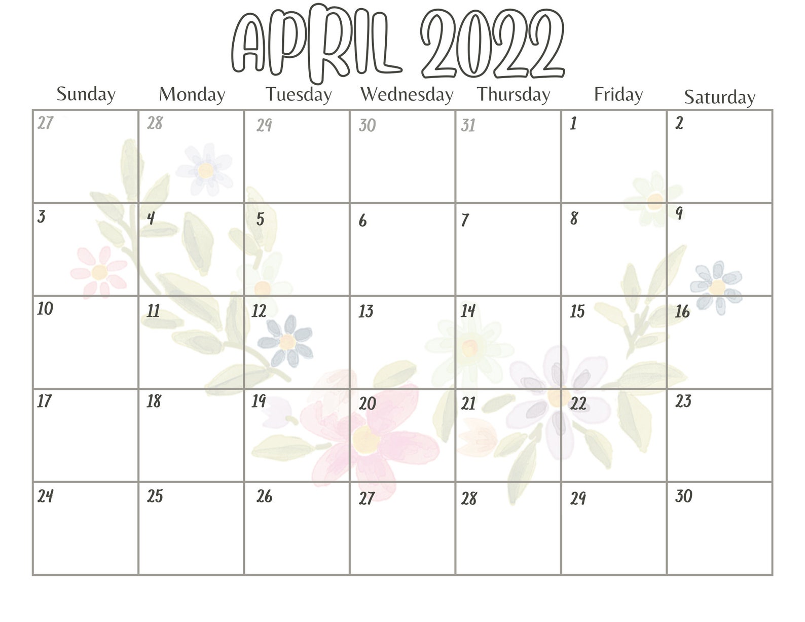 Printable April 2022 Calendar Floral Design - Etsy
