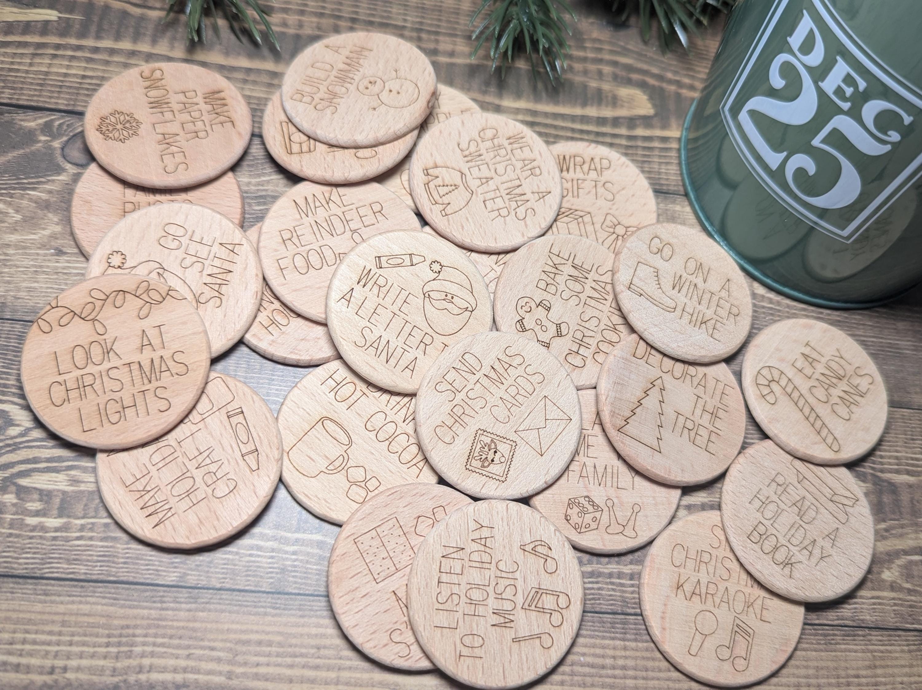 25 Advent Activity Wood Tokens for Families, Christmas Countdown ...