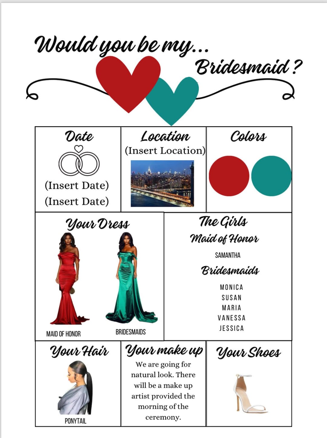 Bridesmaid Breakdown Card-bride- INSTANT DOWNLOAD Editable on CANVA and ...