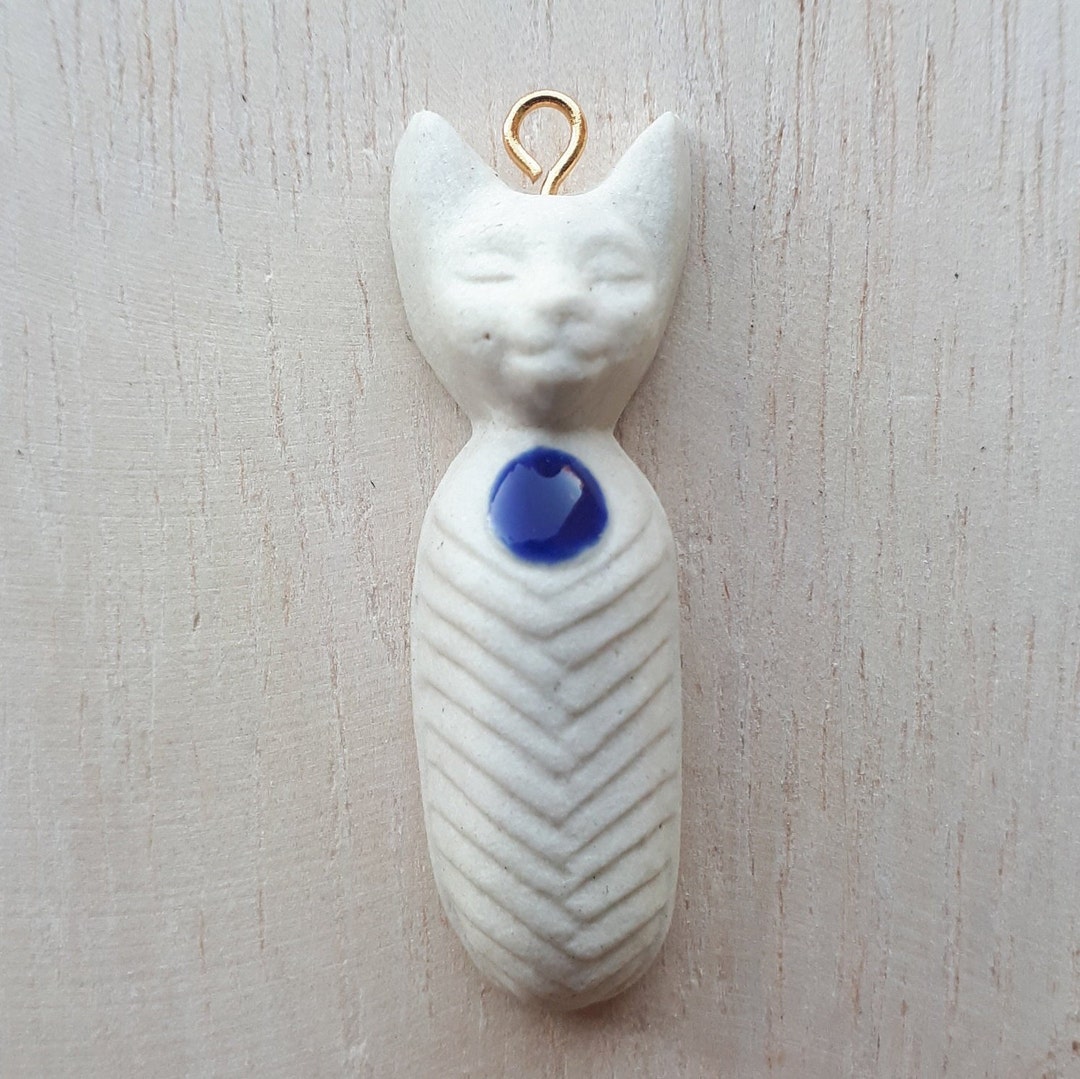 Cat Amulet Pendant, Enameled Ceramic Statuette - Etsy