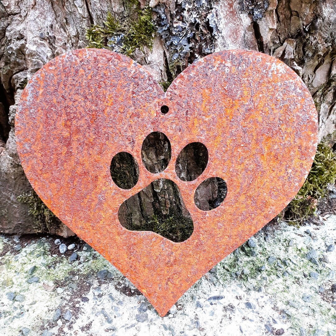 Metal Love Heart With Paw Print Garden Decoration / Steel Heart and Pet ...