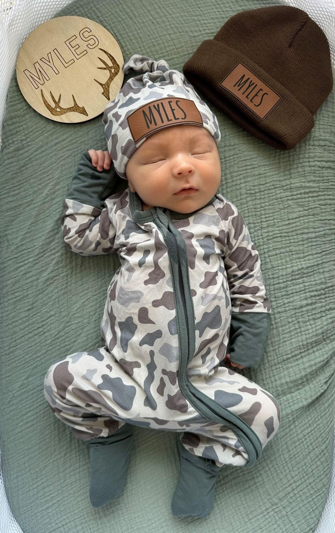 Newborn Coming Home Outfit | Deer Camo Bamboo Zipper Romper Set ...