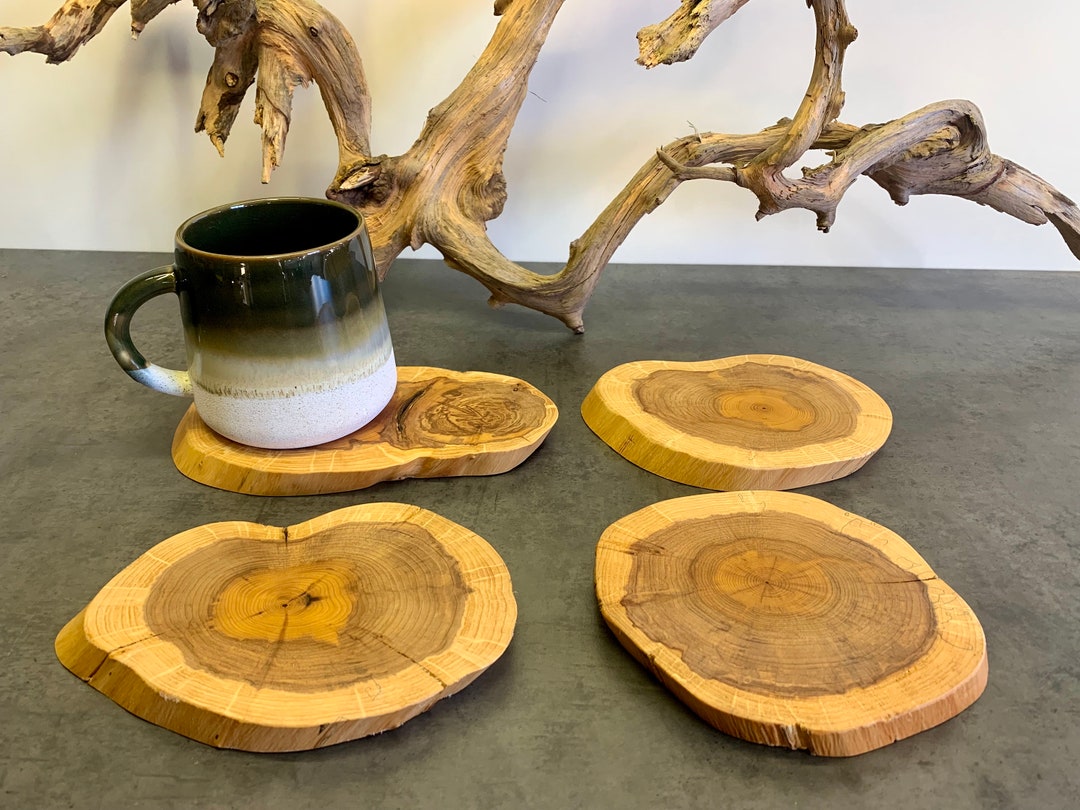 Rustic Live Edge Wooden Coasters Handmade From Yew Wood With Light ...