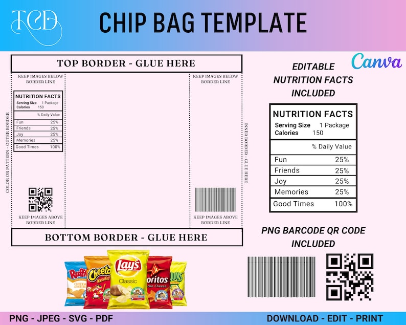 Editable Chip Bag Template Nutritional Label Chip Bag - Etsy
