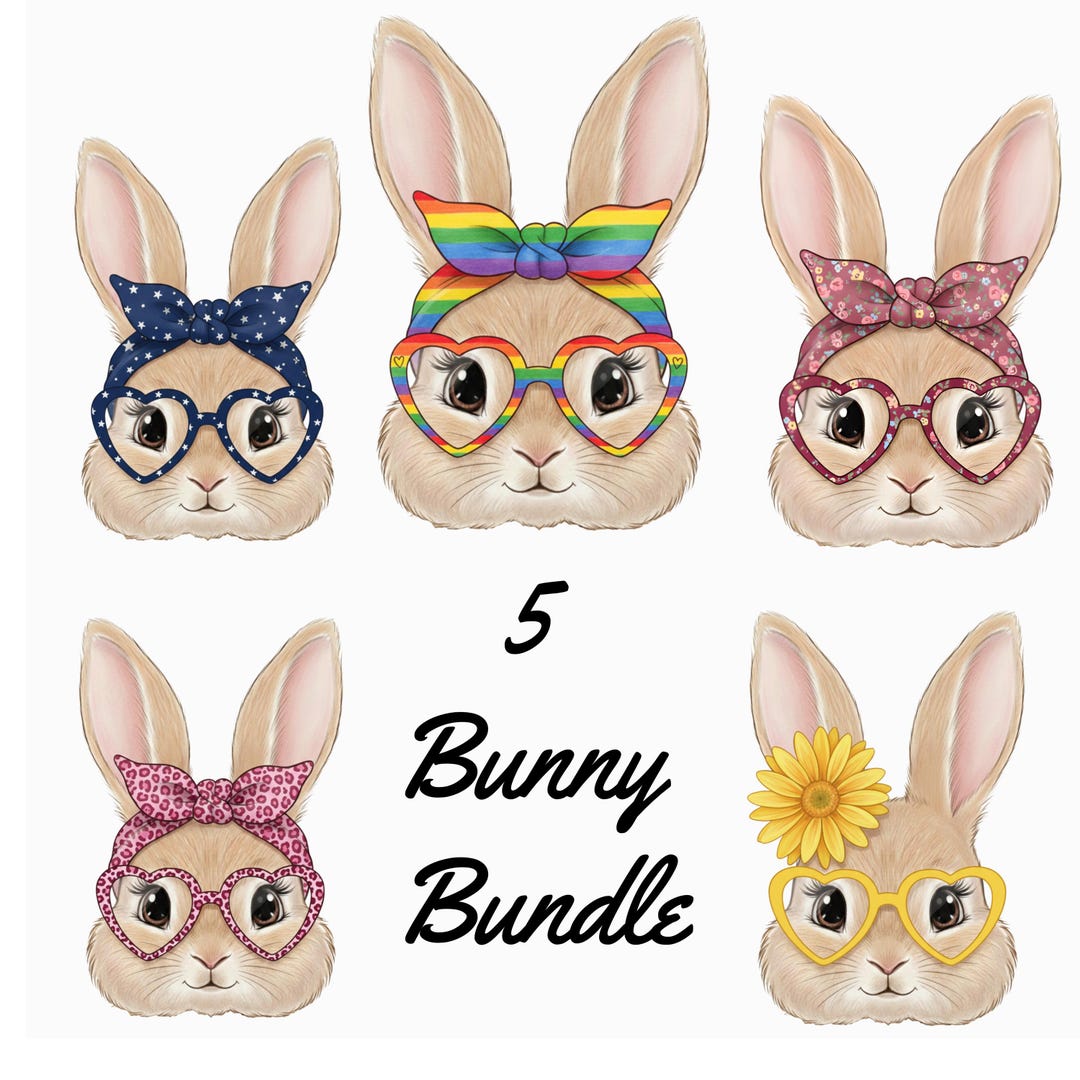Bunny Clipart Bundle PNG, Cute Girl Bunny Faces With Heart Glasses ...