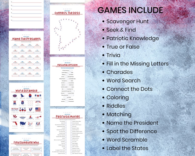 Family Fun Holiday Party Game Printables Patriotic Party Game 4th of ...
