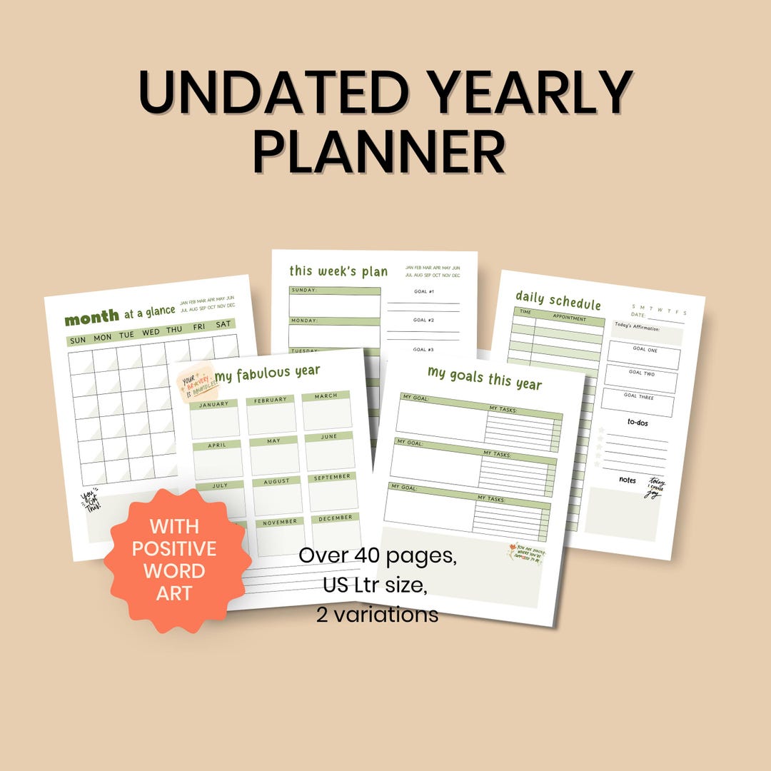 Undated Yearly Planner With Positive Affirmations, US Ltr, Reading ...