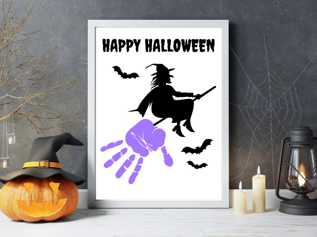 Witch on Broom Handprint Art, Halloween Handprint Art, Fall Handprint ...