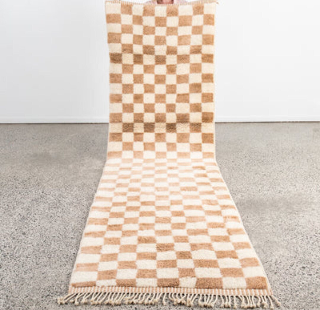 Beige and White Berber Checkered Narrow Runner Rug , Custom Size ...